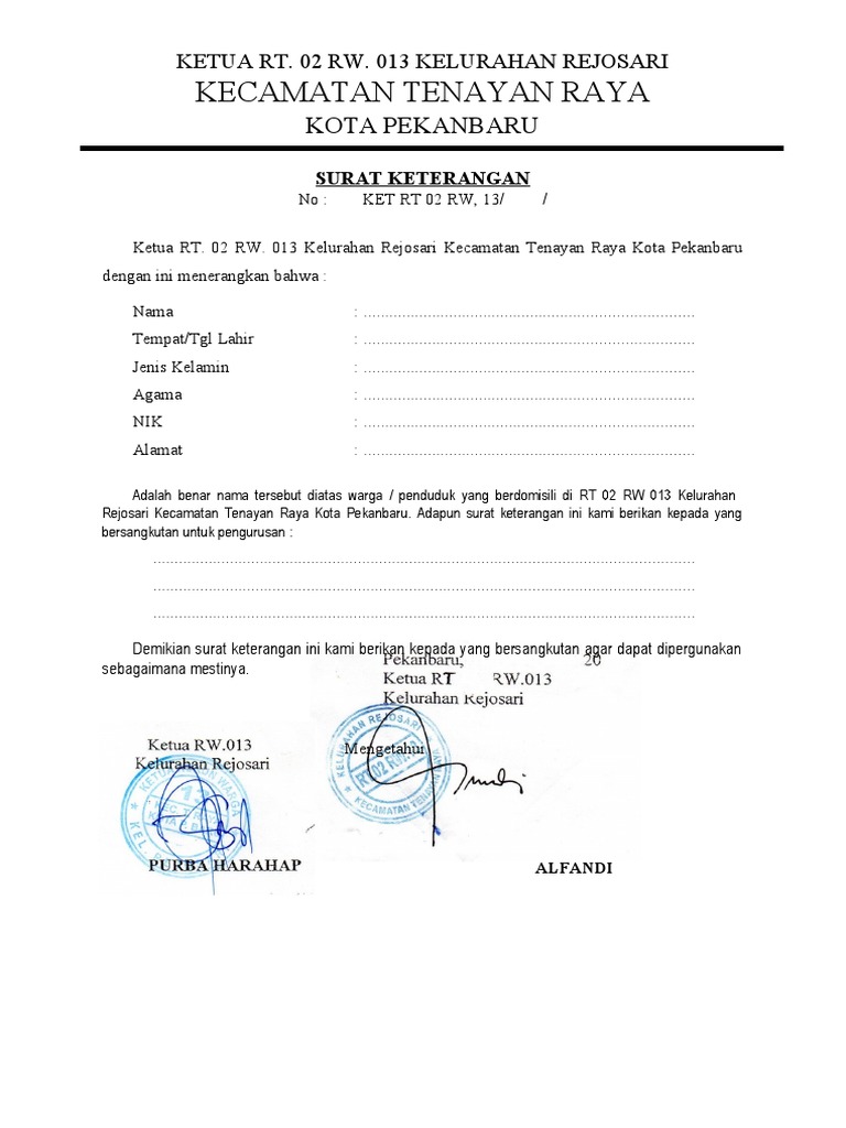 Surat Keterangan RT 02 RW 13 Kel Rejosari | PDF