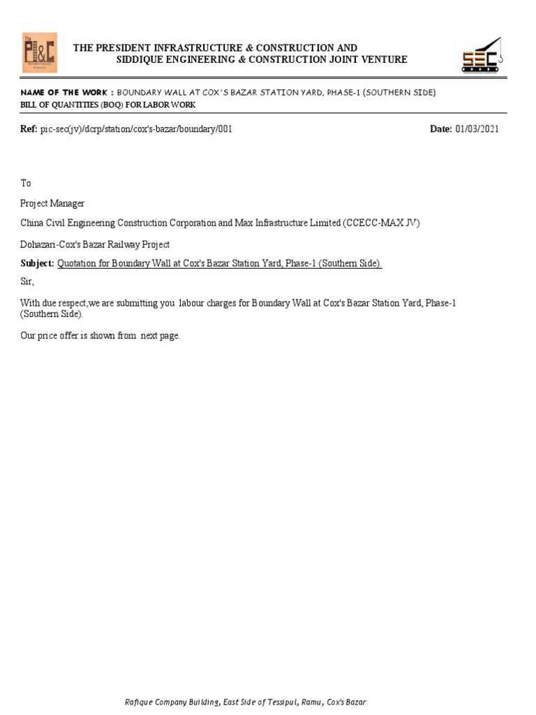 Bill of Quantities (Boq) For Labor Work | PDF | Brick | Plaster