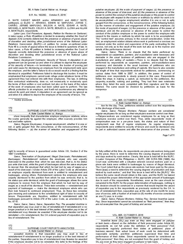 A Nate Casket Maker vs. Arango | PDF | Certiorari | Employment