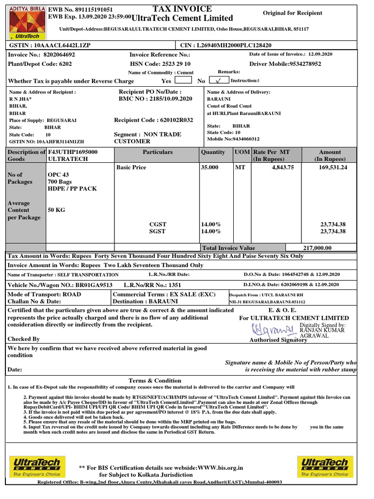 UltraTech Cement Invoice Details | PDF | Payments | Invoice