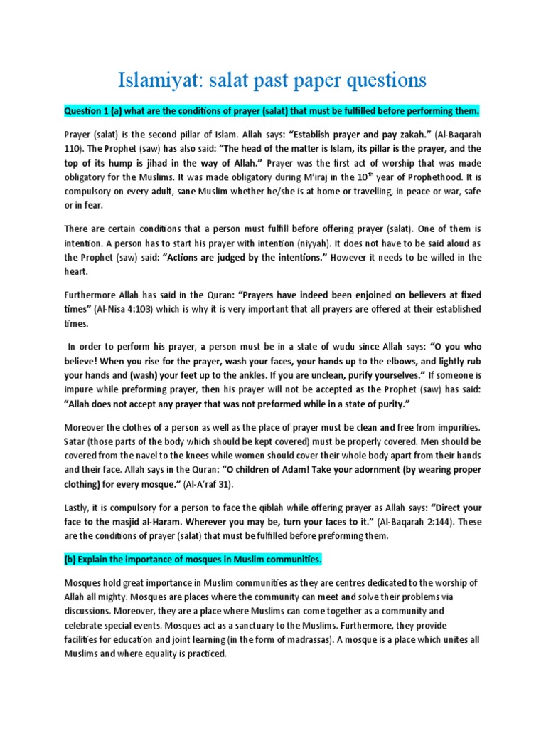 Salat Past Paper Questions (Solved) | PDF | Mosque | God In Islam