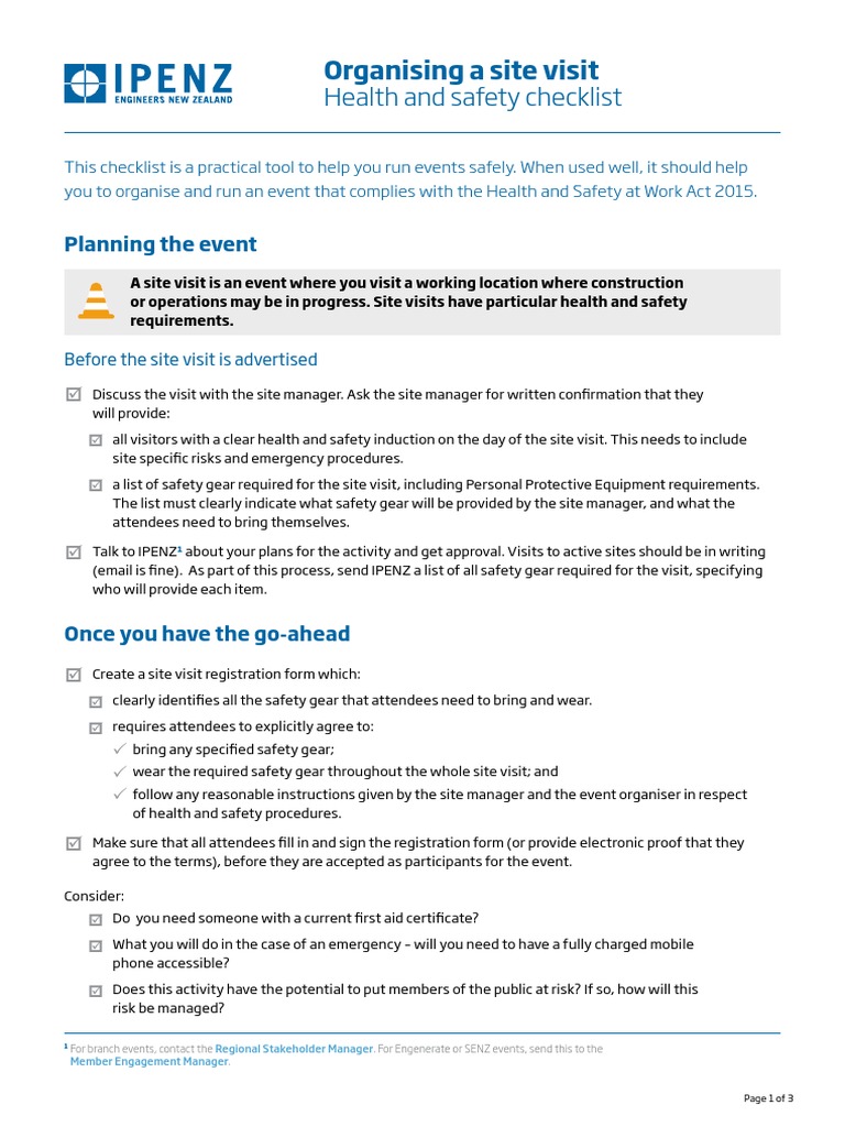 Health and Safety Checklist: Organising A Site Visit | PDF | Safety ...