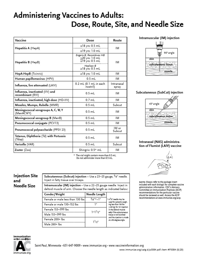 Administering Vaccines To Adults: Dose, Route, Site, and Needle Size ...