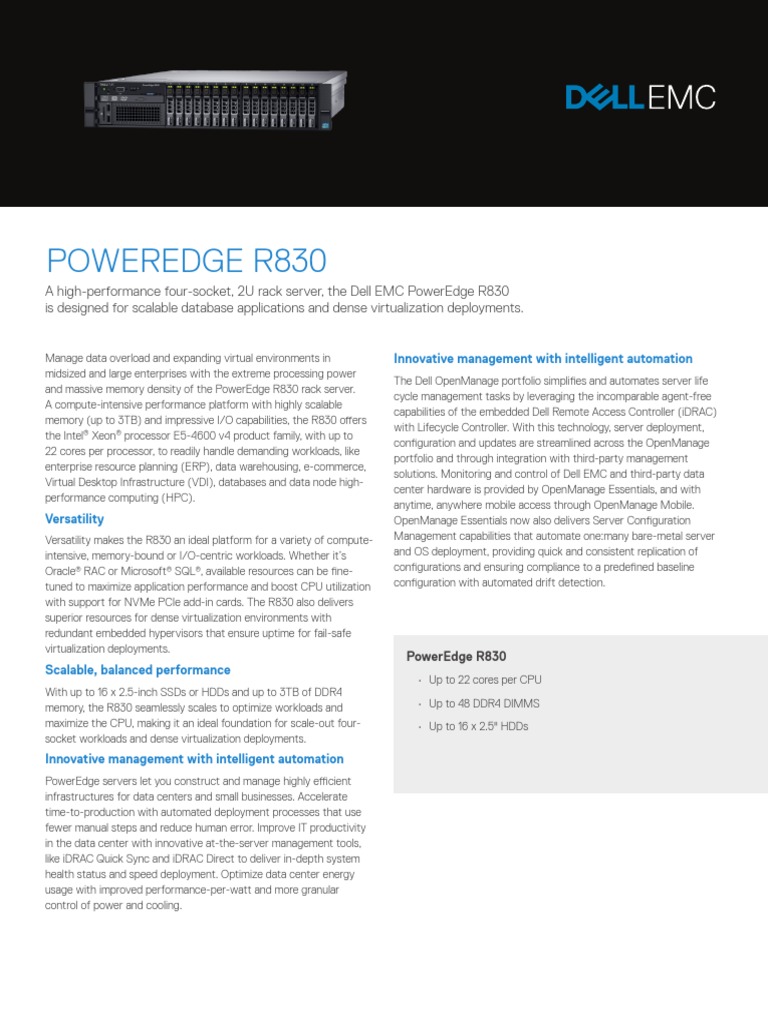 Dell PowerEdge R830 Spec Sheet | PDF | Solid State Drive | Scalability