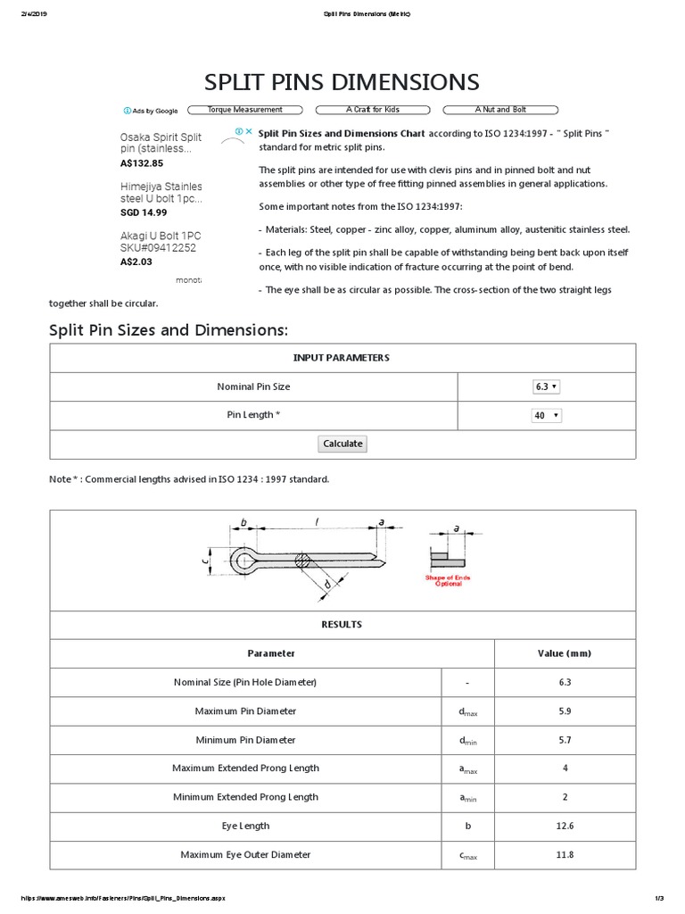 Split Pins Dimensions (Metric) | PDF