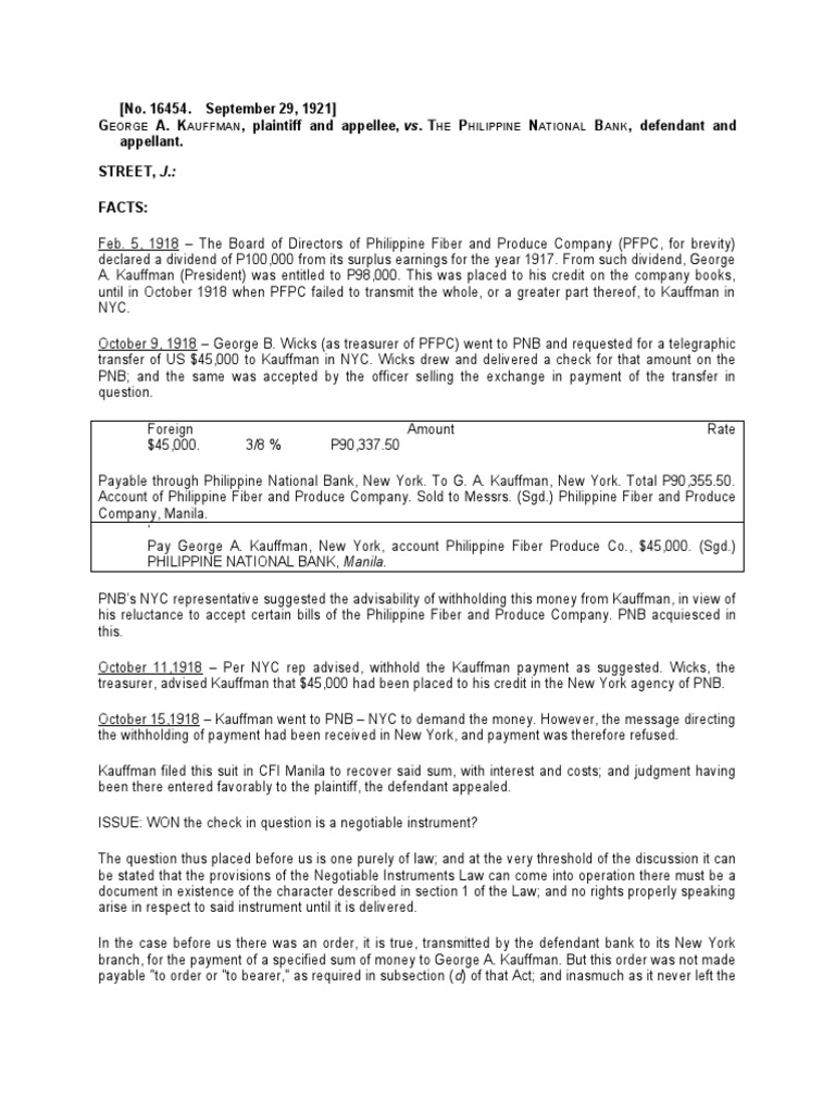 Kauffman V PNB (Case Digest) | PDF | Negotiable Instrument | Payments