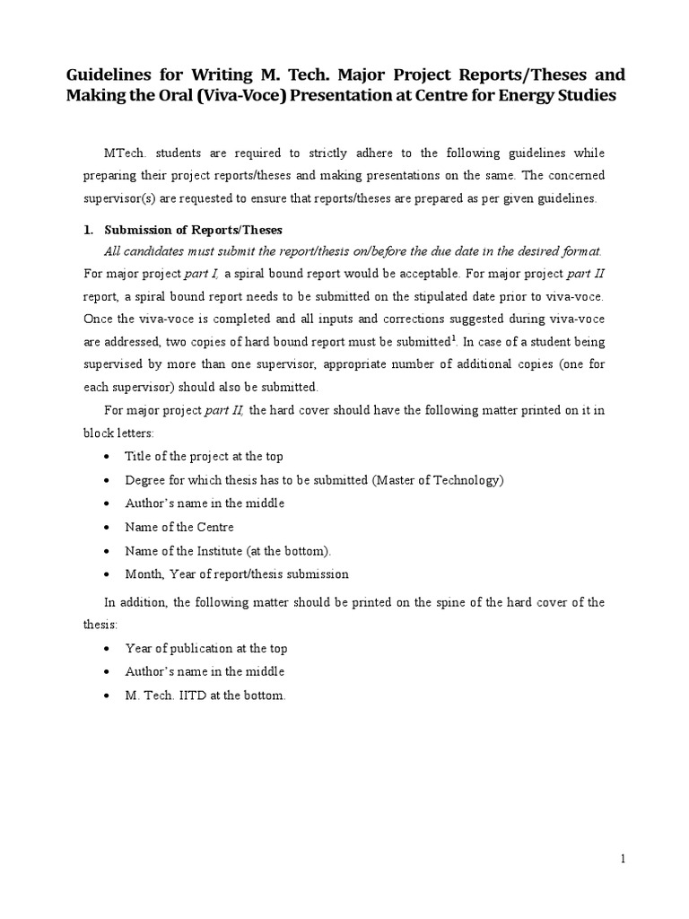 Guidelines For Writing M. Tech. Major Project Reports/Theses and Making The Oral (Viva-Voce ...