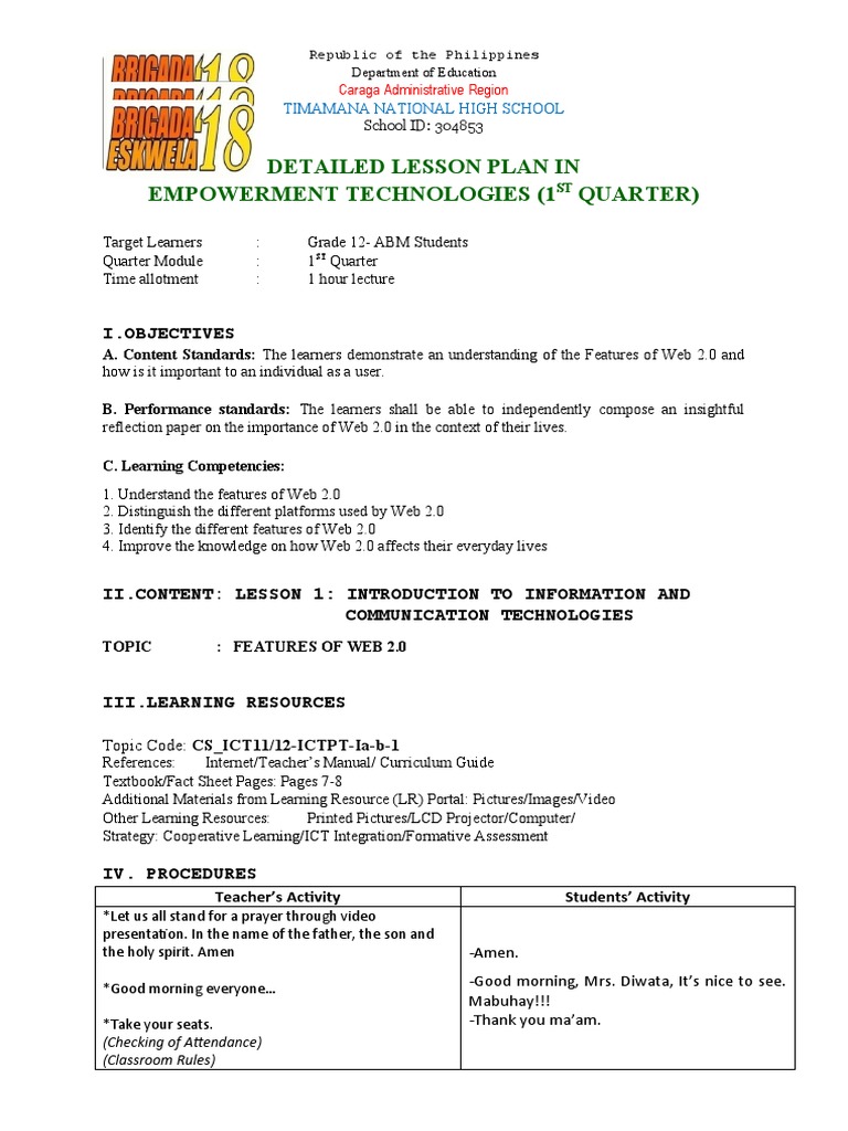 Detailed Lesson Plan in Empowerment Technologies (1 Quarter) | PDF ...