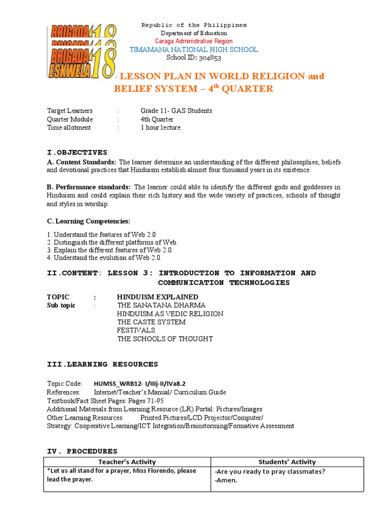 Detailed Lesson Plan in World Religion and Belief System - 4 Quarter ...