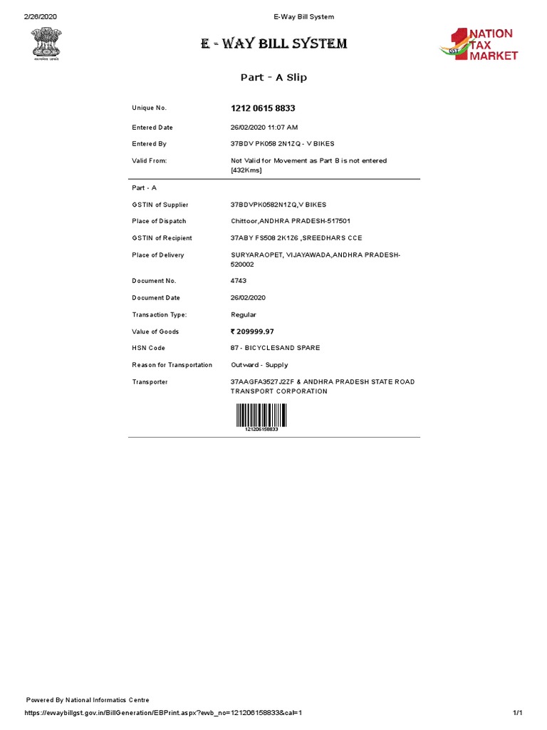 E - Way Bill System: Part - A Slip | PDF