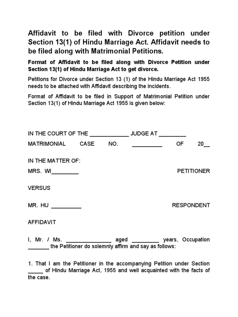 Affidavit To Be Filed With Divorce Petition Under Section 13 | PDF ...
