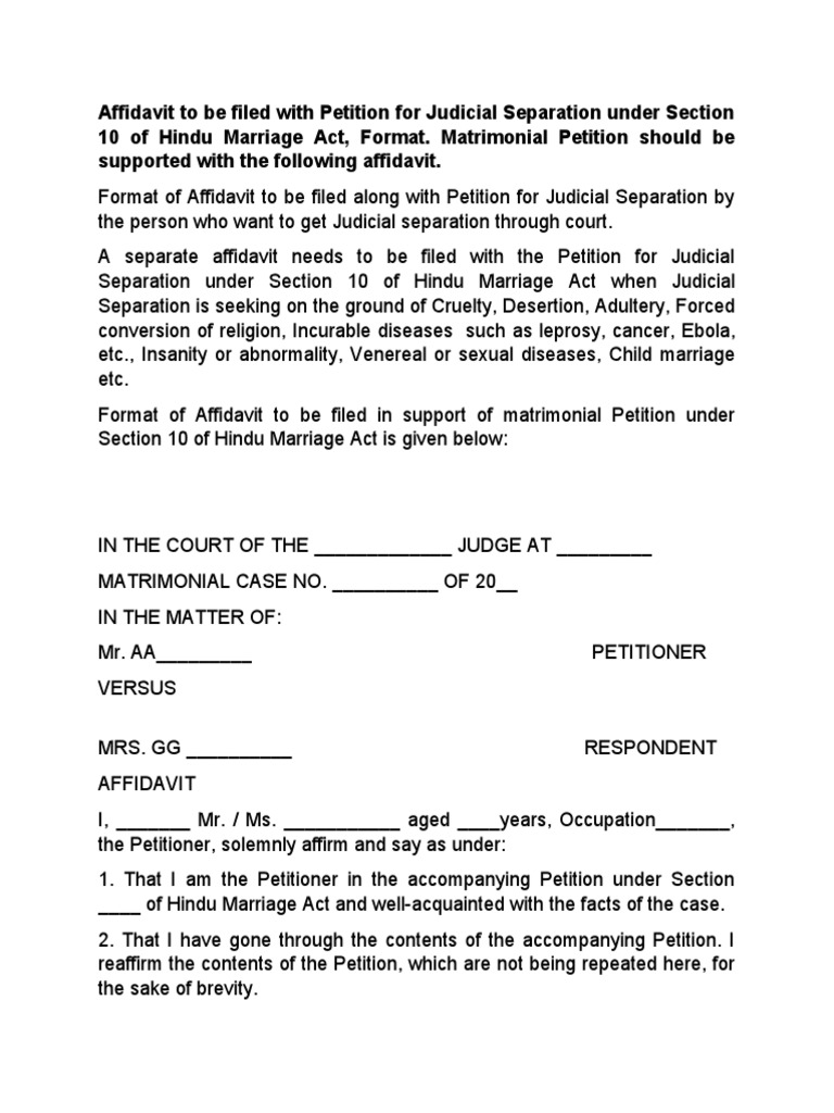 Affidavit To Be Filed With Petition For Judicial Separation Under ...
