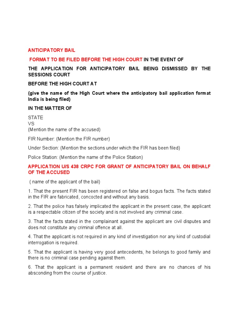 Anticipatory Bail Format To Be Filed Before The High Court | PDF | Bail ...