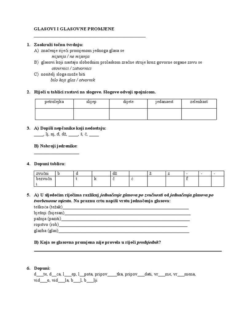 Glasovi I Glasovne Promjene Vježba | PDF