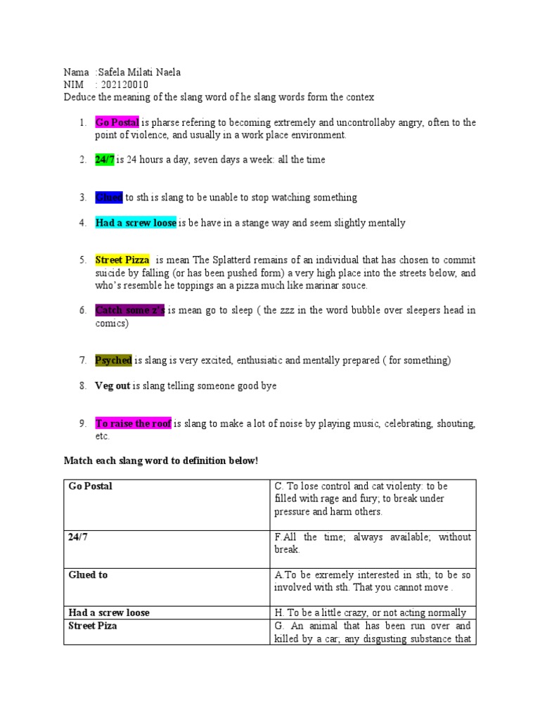 Go Postal: Match Each Slang Word To Definition Below! Go Postal | PDF