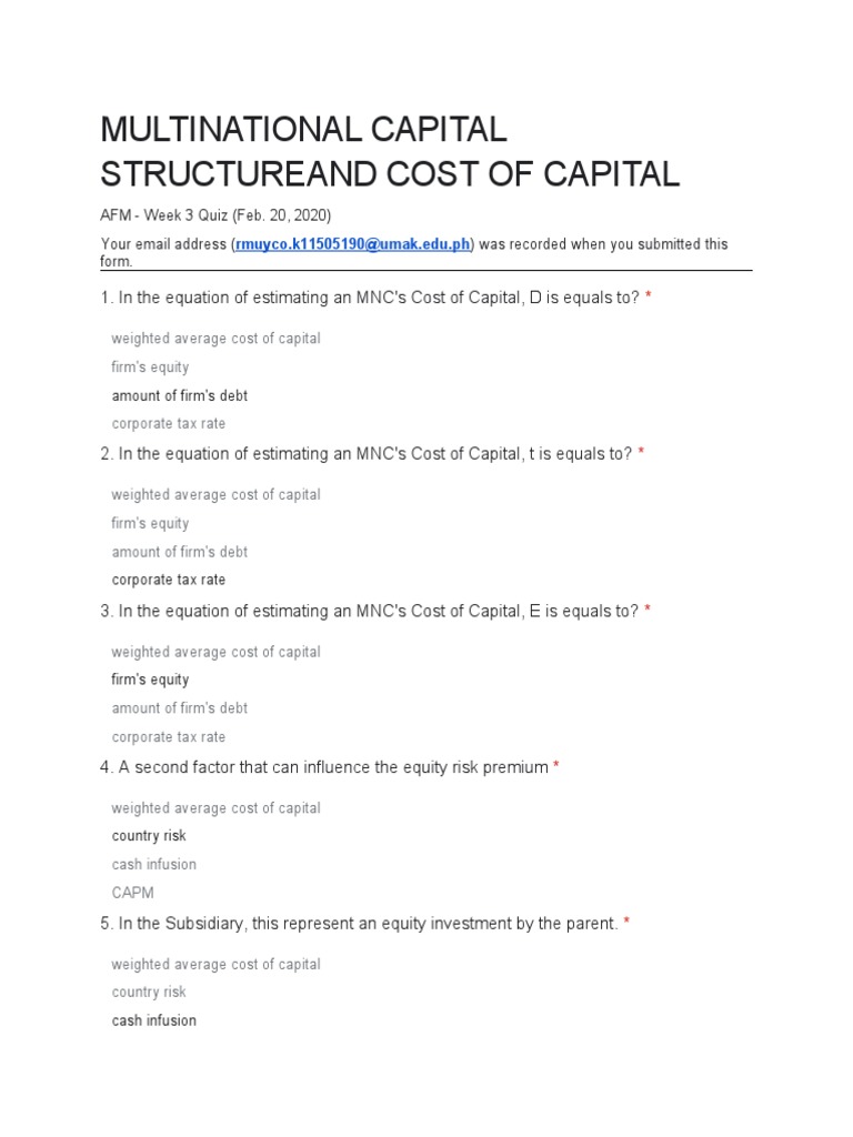 Multinational Capital Structureand Cost of Capital Quiz | PDF | Cost Of ...