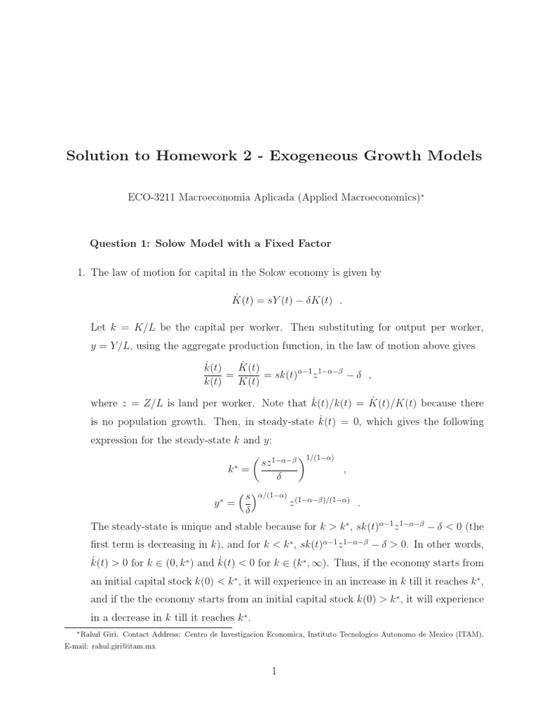 Solution To Homework 2 - Exogeneous Growth Models | PDF | Economic ...