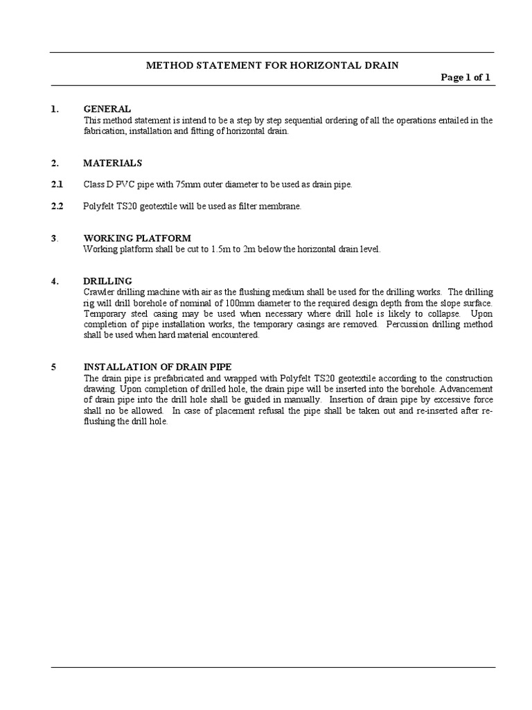 Method Statement Horizontal Drain | PDF | Technology & Engineering