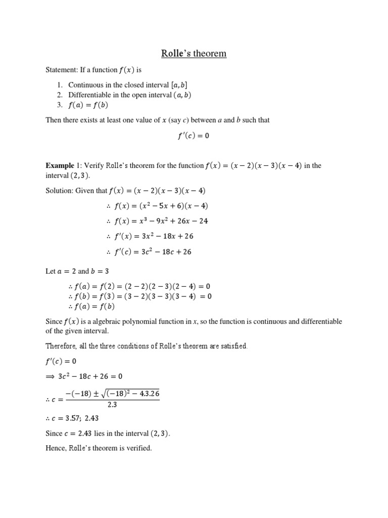 Example 1: Verify Rolle's Theorem For The Function | PDF | Teaching ...