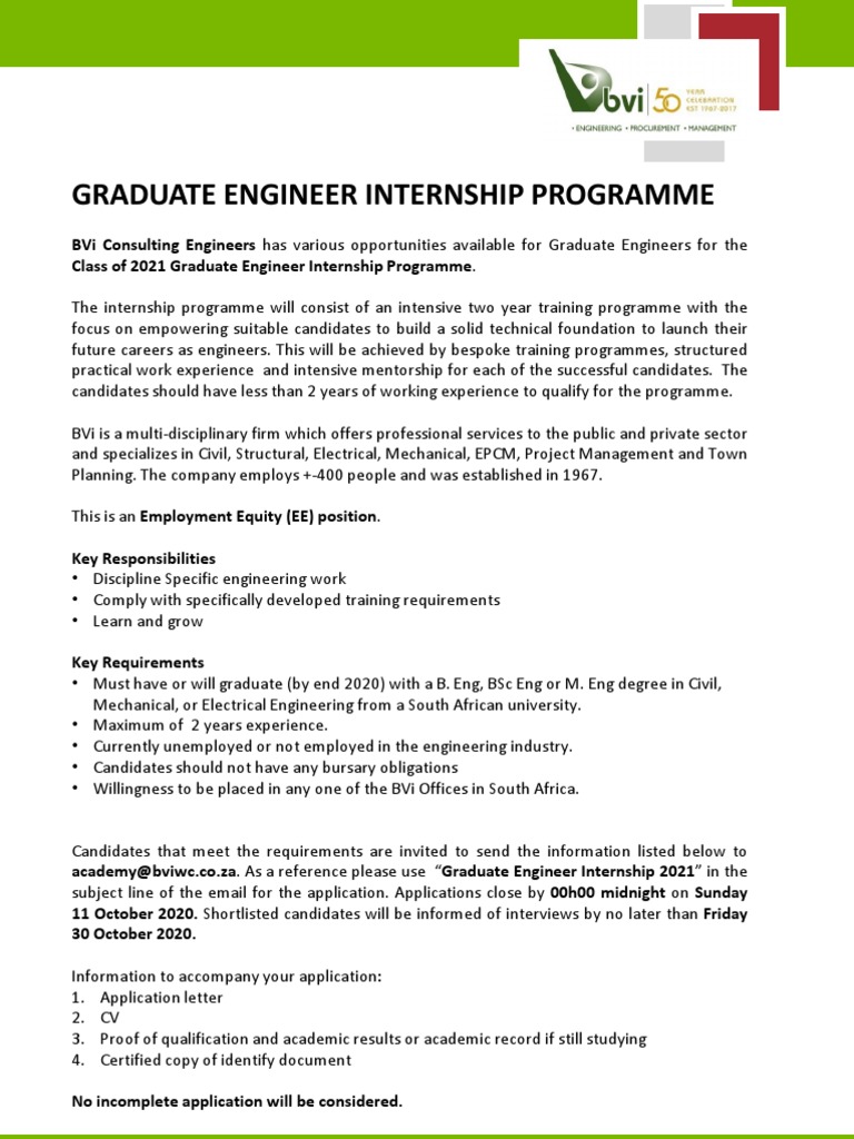 BVi Graduate Engineer Internship Programme 2021 | PDF