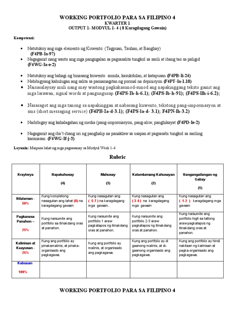 Fil4 Rubrics Q2 Portfolio Assessment | PDF