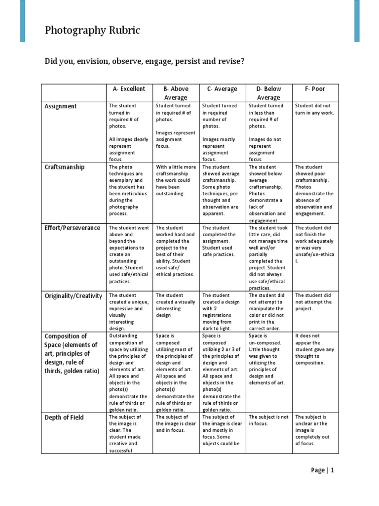 Photography Rubric: Did You, Envision, Observe, Engage, Persist and ...