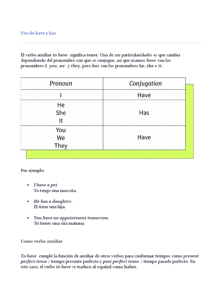 Uso de "have" y "has" en inglés | PDF | Artes del Lenguaje y Comunicación