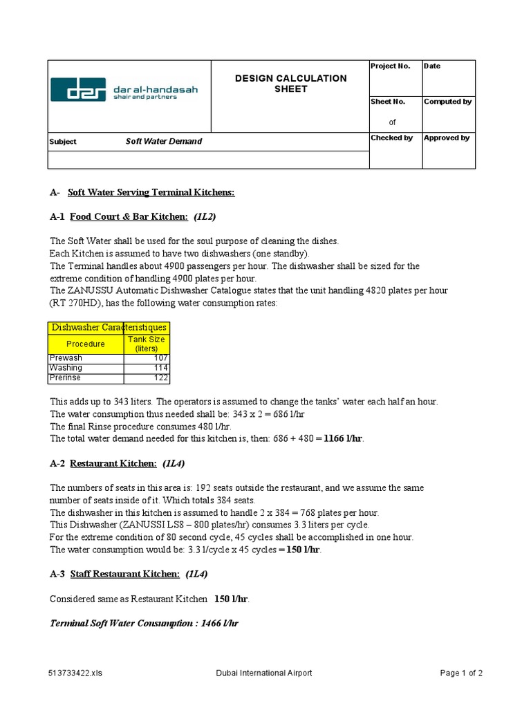 Design Calculation Sheet: Soft Water Demand | PDF | Dishwasher ...