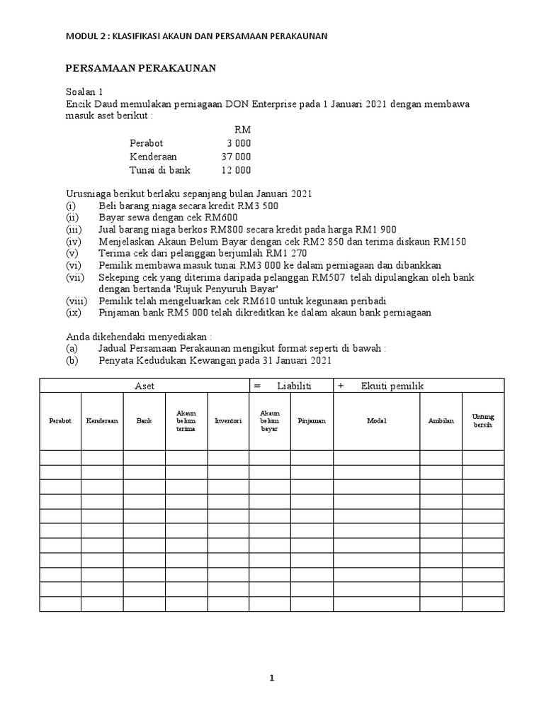 Soalan Latihan Persamaan Perakaunan | PDF