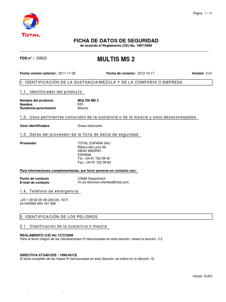Ficha de Seguridad Multis Ms 2 | PDF | Dióxido de carbono | Residuos