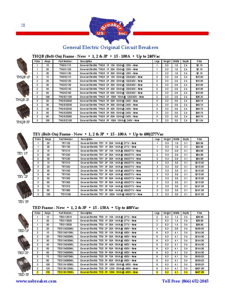General Electric Original Circuit Breakers: THQB (Bolt-On) Frame - New ...