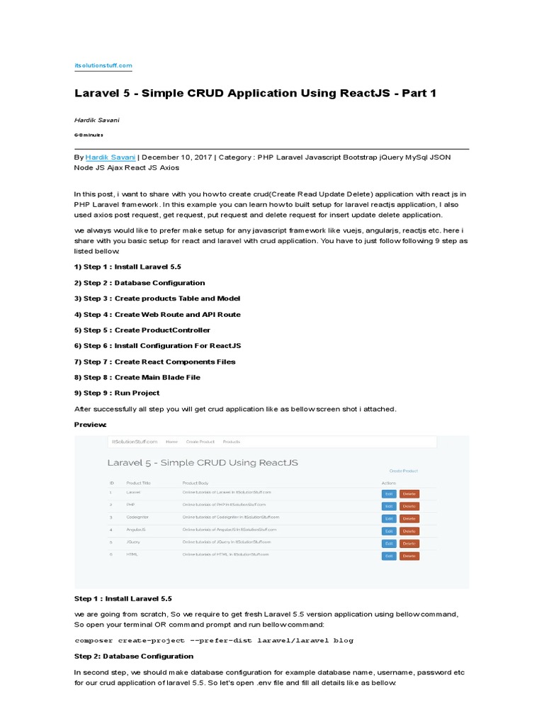Laravel 5 Simple Crud Application Using Reactjs Part 1 Pdf Ajax Programming Databases 1304