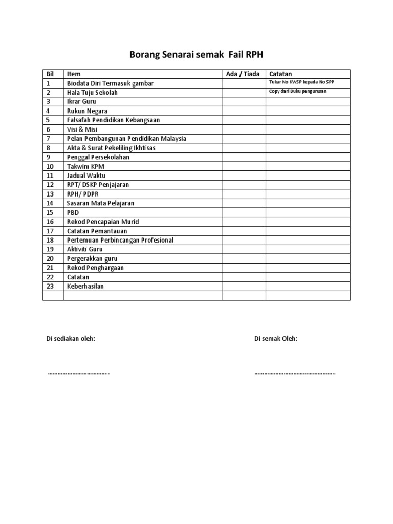 Borang Senarai Semakl Fail RPH 2021 | PDF | Bisnis | Pengelolaan ...