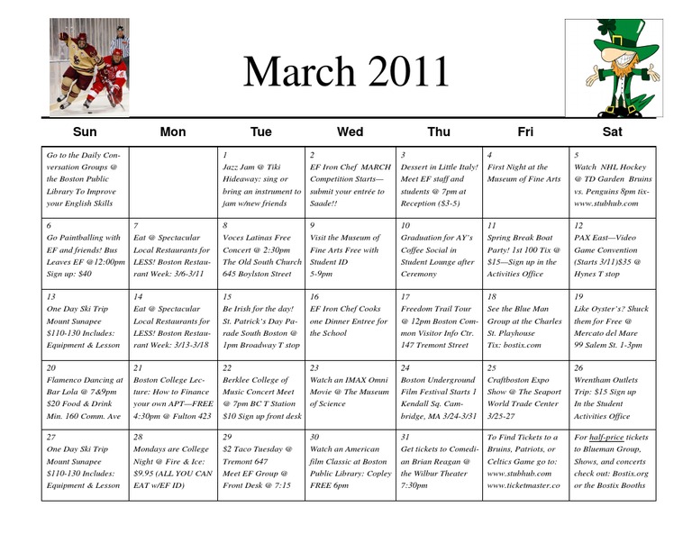 March Calendar 2011 | PDF | Leisure