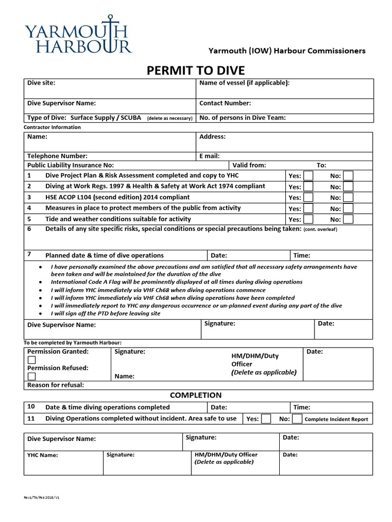 Permit To Dive: Yarmouth (IOW) Harbour Commissioners | PDF | Safety ...