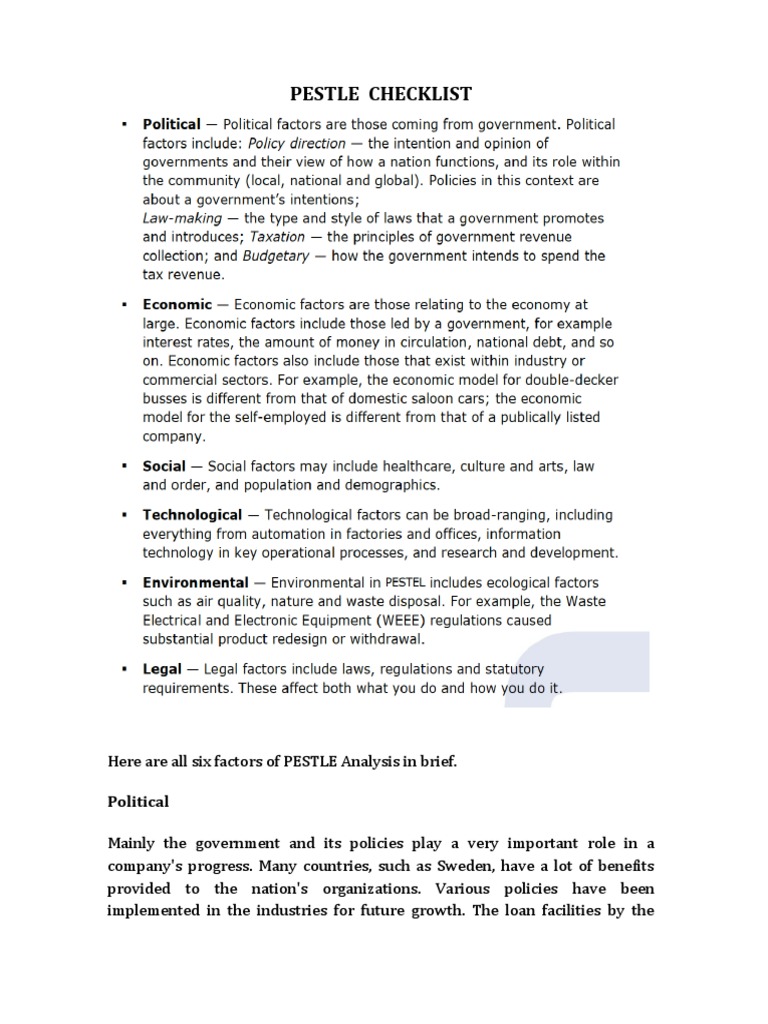 PESTLE Checklist | PDF | Economic Growth | Sustainability