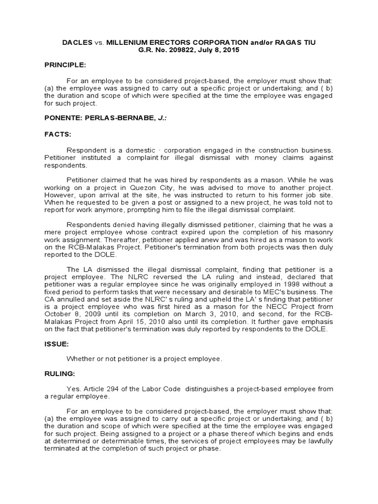 Dacles vs. Millenium Erectors Corporation And/Or Ragas Tiu G.R. No ...