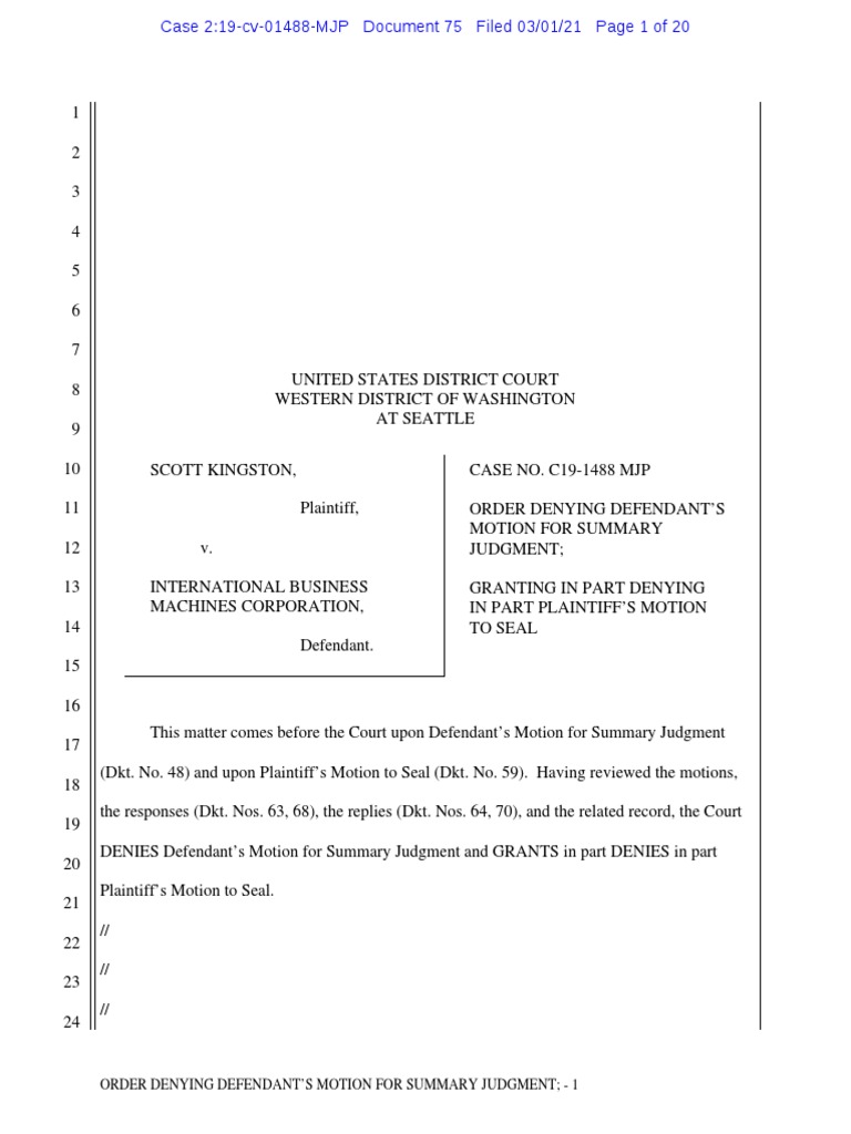 (0075) ORDER Denying Defendants (48) Motion For Summary Judgment ...