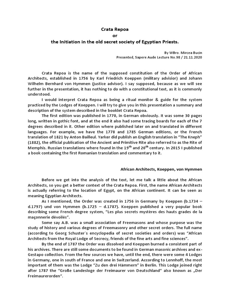Crata Repoa Analysis | PDF | Freemasonry | Masonic Lodge