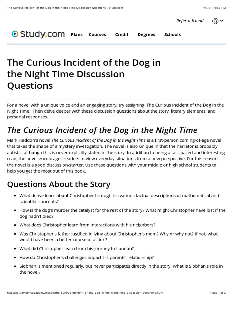 The Curious Incident of The Dog in The Night Time Discussion Questions ...