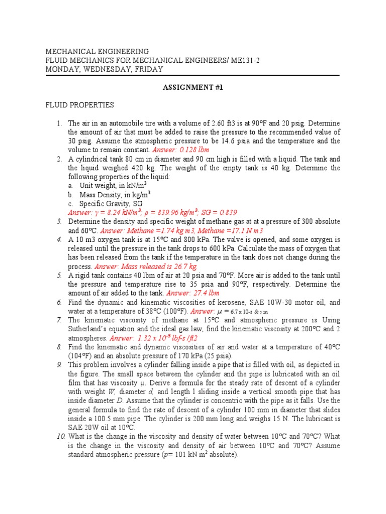 Fluid Properties (HW1) | PDF | Pressure | Phases Of Matter