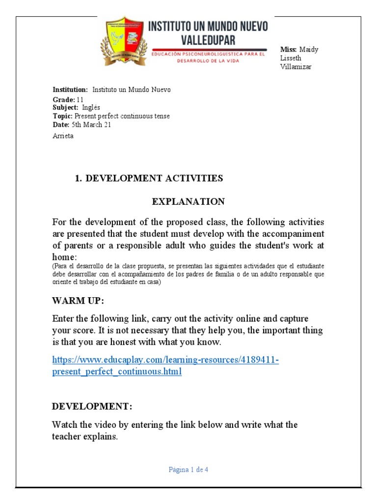 Lesson Plan Present Perfect Continuous 11° | PDF | Perfect (Grammar ...