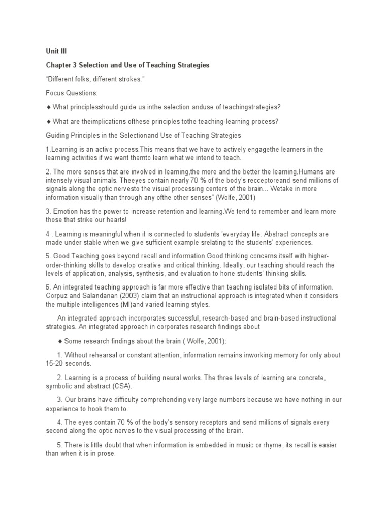 Unit Iii - Chapter 3 - Selection and Use of Teaching Strategies | PDF ...