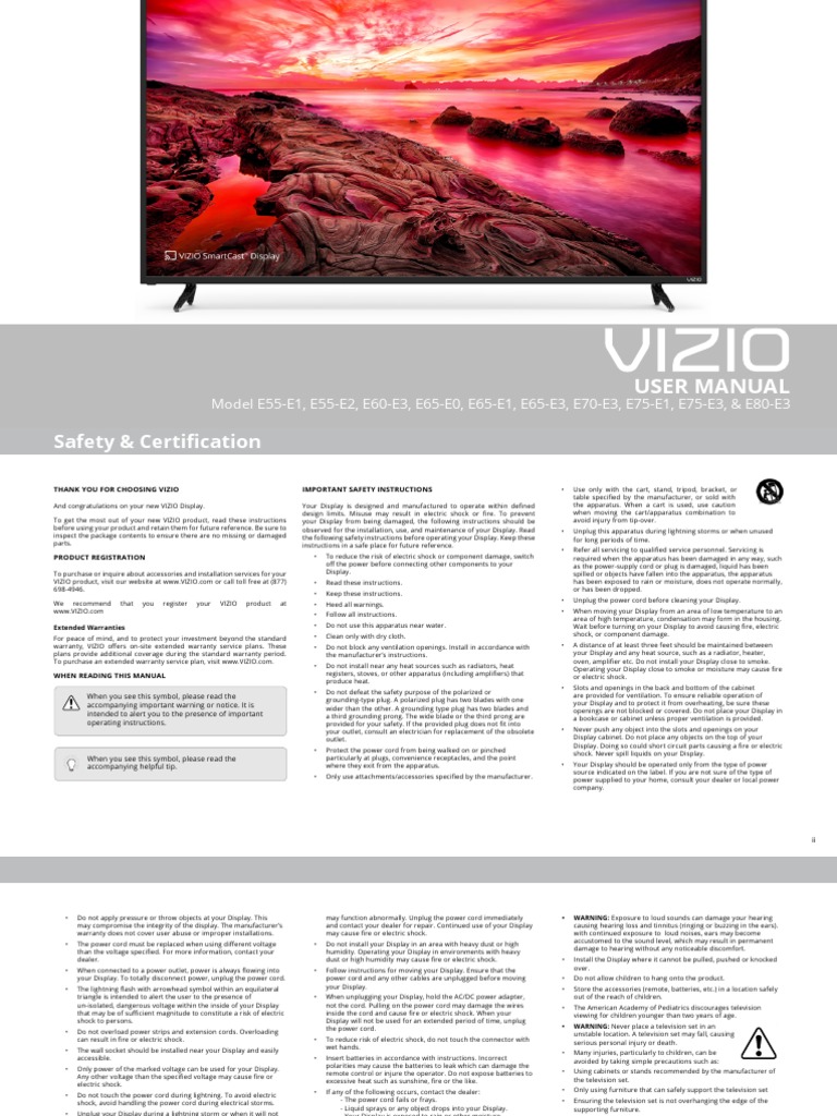 Vizio Living Room TV Um-E60e3 | PDF | Hdmi | Menu (Computing)