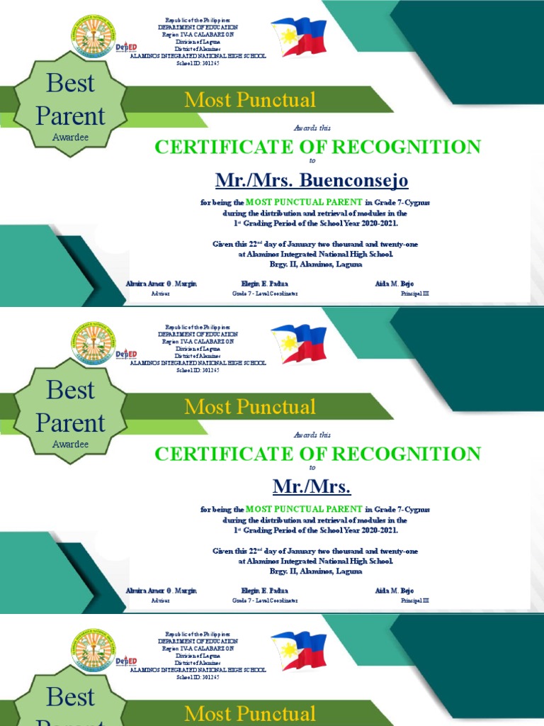 Most Punctual Parent Award Certificate | PDF | Further Education