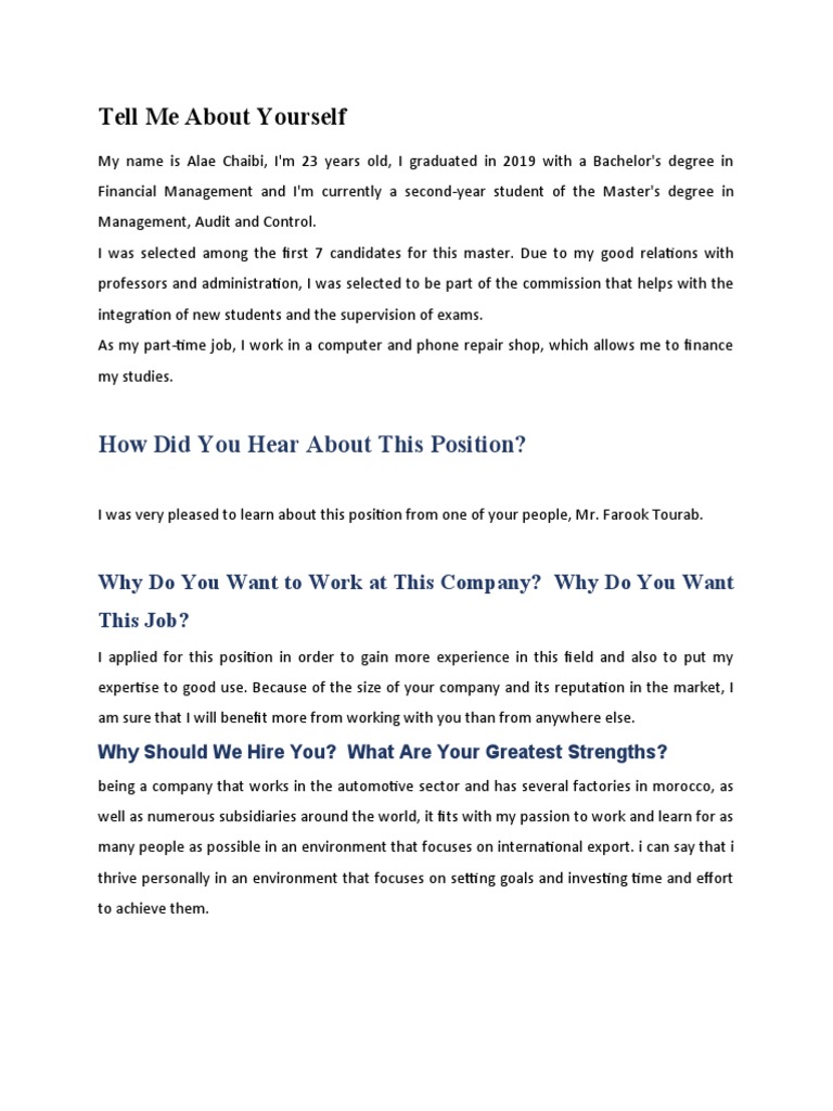 Tell Me About Yourself | PDF | Academic Degree | Business