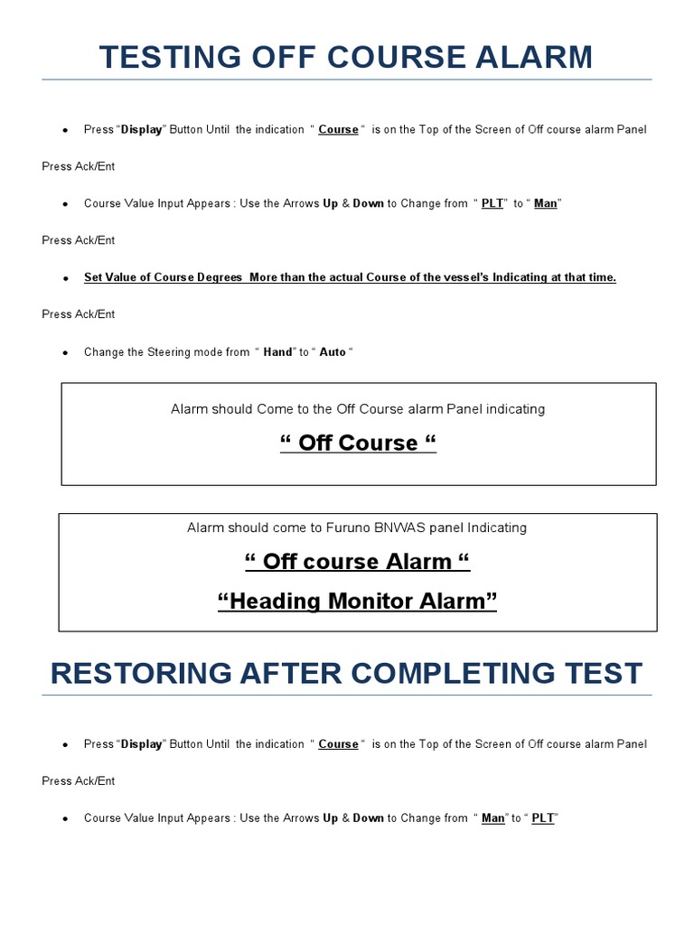 Testing Off Course Alarm: Restoring After Completing Test | PDF