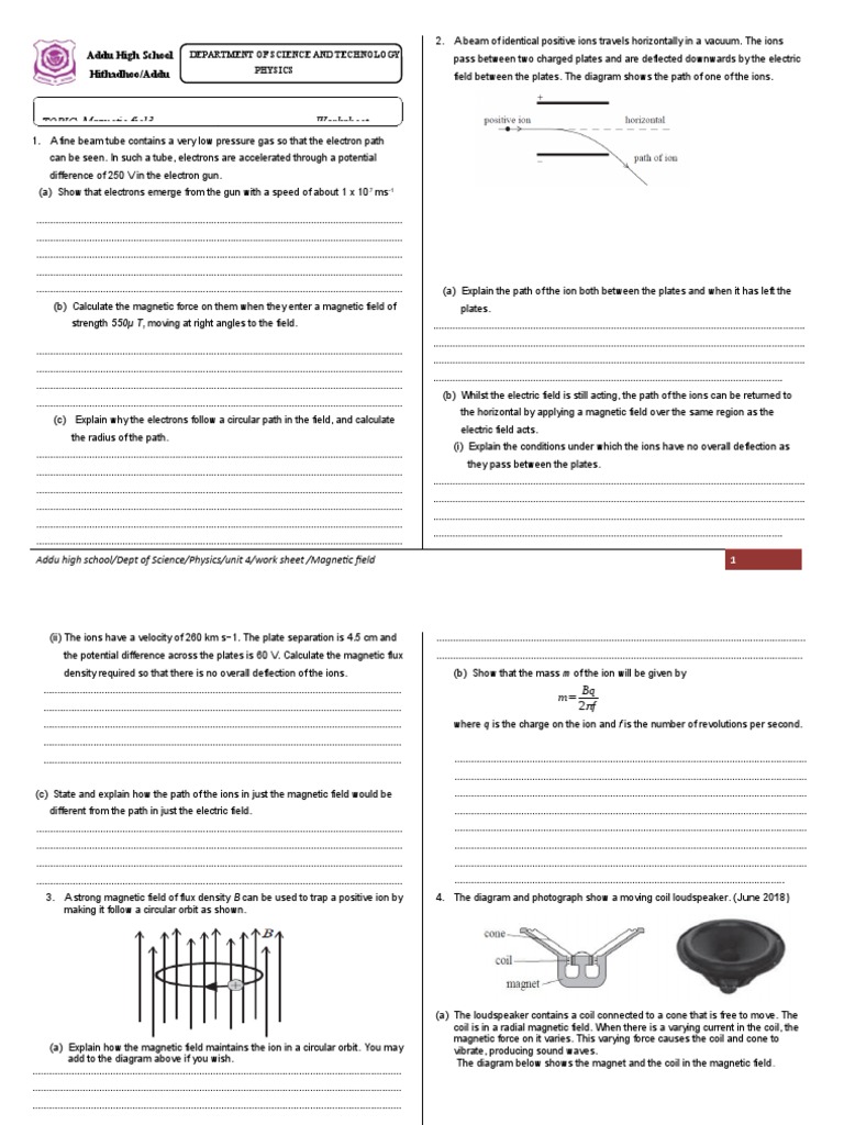 Magnetic Field Worksheet: Addu High School Hithadhoo/Addu RKSH | PDF ...