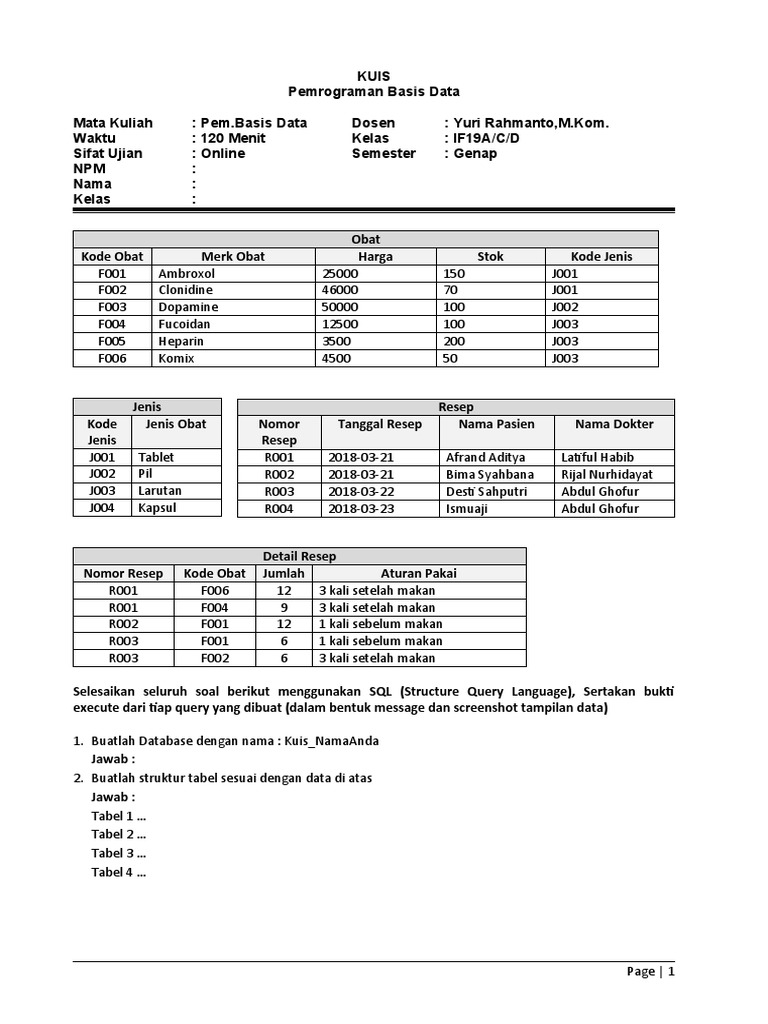 Kuis Pemrograman Basis Data SQL | PDF