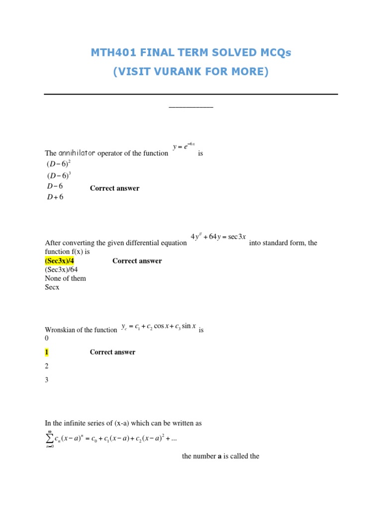 MTH401 FINAL TERM SOLVED MCQs: A Comprehensive Review of Key Concepts ... MTH401 FINAL TERM SOLVED MCQs: A Comprehensive Review of Key Concepts ...